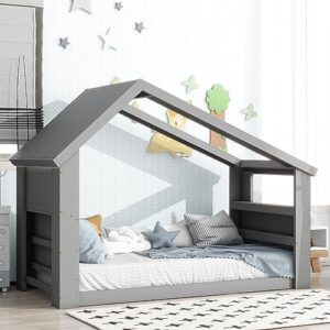 geevivo twin house floor bed for kids, twin bed frame with led light, roof, storage headboard & footboard, wood tent/cabin beds for girls boys teens, no box spring needed (gray)