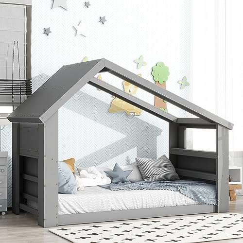 GEEVIVO Twin House Floor Bed for Kids, Twin Bed Frame with LED Light, Roof, Storage Headboard & Footboard, Wood Tent/Cabin Beds for Girls Boys Teens, No Box Spring Needed (Gray)