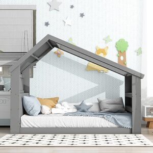 GEEVIVO Twin House Floor Bed for Kids, Twin Bed Frame with LED Light, Roof, Storage Headboard & Footboard, Wood Tent/Cabin Beds for Girls Boys Teens, No Box Spring Needed (Gray)