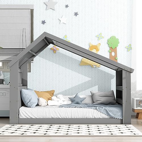 GEEVIVO Twin House Floor Bed for Kids, Twin Bed Frame with LED Light, Roof, Storage Headboard & Footboard, Wood Tent/Cabin Beds for Girls Boys Teens, No Box Spring Needed (Gray)