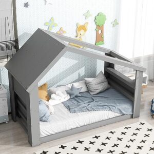 GEEVIVO Twin House Floor Bed for Kids, Twin Bed Frame with LED Light, Roof, Storage Headboard & Footboard, Wood Tent/Cabin Beds for Girls Boys Teens, No Box Spring Needed (Gray)