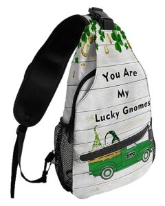 sling backpack, st patricks day you are my lucky gnomes truck shamrock wood grain waterproof lightweight small sling bag, travel chest bag crossbody shoulder bag hiking daypack for women men