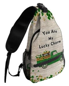 sling backpack, st. patrick's day you are my kucky charm shamrock dwarfs wood grain waterproof lightweight small sling bag, travel chest bag crossbody shoulder bag hiking daypack for women men