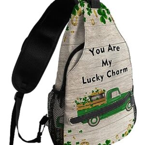 Sling Backpack, St. Patrick's Day YOU ARE MY KUCKY CHARM Shamrock Dwarfs Wood Grain Waterproof Lightweight Small Sling Bag, Travel Chest Bag Crossbody Shoulder Bag Hiking Daypack for Women Men