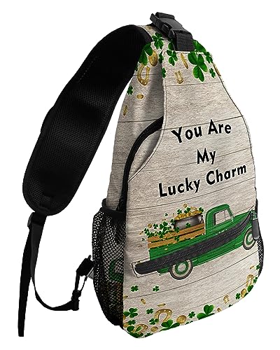 Sling Backpack, St. Patrick's Day YOU ARE MY KUCKY CHARM Shamrock Dwarfs Wood Grain Waterproof Lightweight Small Sling Bag, Travel Chest Bag Crossbody Shoulder Bag Hiking Daypack for Women Men