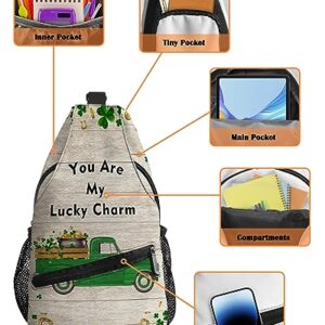 Sling Backpack, St. Patrick's Day YOU ARE MY KUCKY CHARM Shamrock Dwarfs Wood Grain Waterproof Lightweight Small Sling Bag, Travel Chest Bag Crossbody Shoulder Bag Hiking Daypack for Women Men