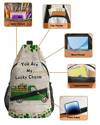 Sling Backpack, St. Patrick's Day YOU ARE MY KUCKY CHARM Shamrock Dwarfs Wood Grain Waterproof Lightweight Small Sling Bag, Travel Chest Bag Crossbody Shoulder Bag Hiking Daypack for Women Men