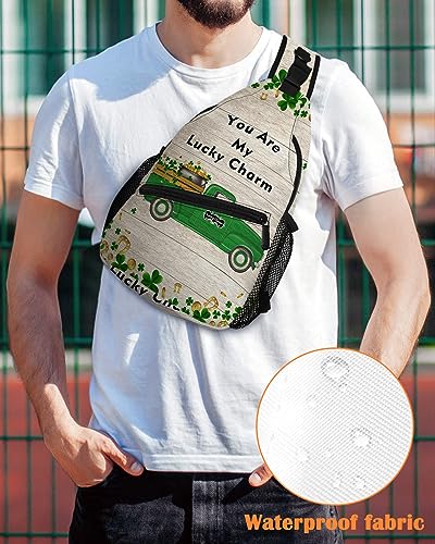 Sling Backpack, St. Patrick's Day YOU ARE MY KUCKY CHARM Shamrock Dwarfs Wood Grain Waterproof Lightweight Small Sling Bag, Travel Chest Bag Crossbody Shoulder Bag Hiking Daypack for Women Men