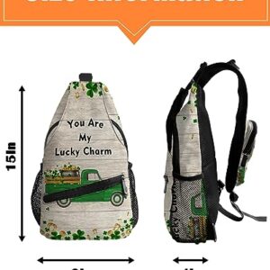 Sling Backpack, St. Patrick's Day YOU ARE MY KUCKY CHARM Shamrock Dwarfs Wood Grain Waterproof Lightweight Small Sling Bag, Travel Chest Bag Crossbody Shoulder Bag Hiking Daypack for Women Men