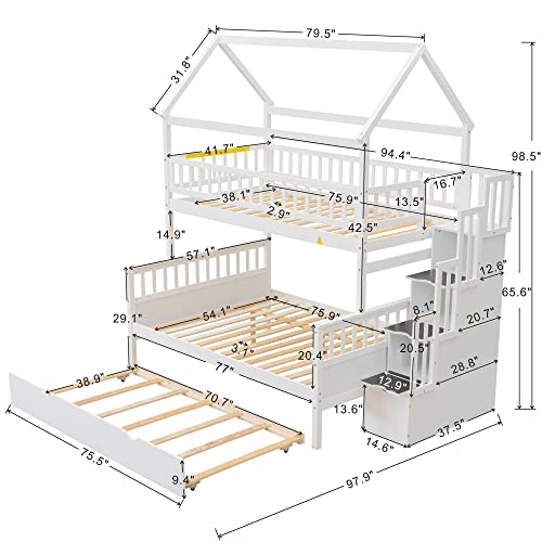 POCIYIHOME Twin Over Full Bunk Bed with Two Drawers and Staircase, Down Bed can be Converted into Daybed, Can Split The Single Bunk into Two Beds, for Kids,Teens Bedroom, No Box Spring Need, White