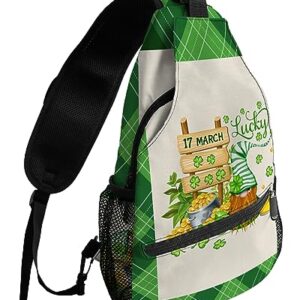 Sling Backpack, St.Patrick's Day Shamrocks Gnome Buffalo Plaid Green Waterproof Lightweight Small Sling Bag, Travel Chest Bag Crossbody Shoulder Bag Hiking Daypack for Women Men