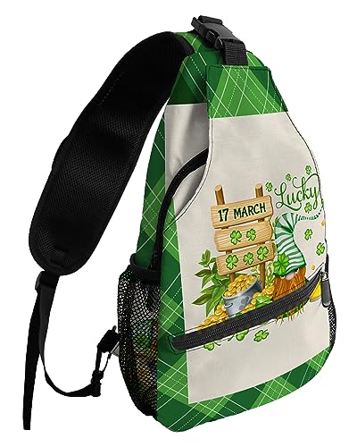 Sling Backpack, St.Patrick's Day Shamrocks Gnome Buffalo Plaid Green Waterproof Lightweight Small Sling Bag, Travel Chest Bag Crossbody Shoulder Bag Hiking Daypack for Women Men