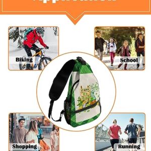 Sling Backpack, St.Patrick's Day Shamrocks Gnome Buffalo Plaid Green Waterproof Lightweight Small Sling Bag, Travel Chest Bag Crossbody Shoulder Bag Hiking Daypack for Women Men