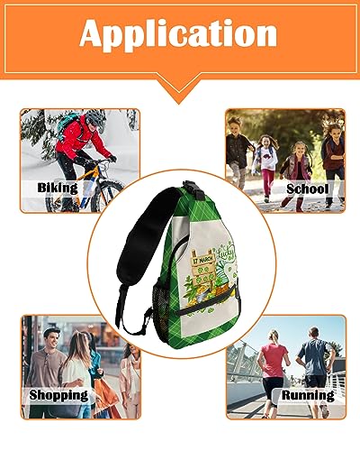 Sling Backpack, St.Patrick's Day Shamrocks Gnome Buffalo Plaid Green Waterproof Lightweight Small Sling Bag, Travel Chest Bag Crossbody Shoulder Bag Hiking Daypack for Women Men