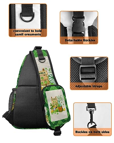 Sling Backpack, St.Patrick's Day Shamrocks Gnome Buffalo Plaid Green Waterproof Lightweight Small Sling Bag, Travel Chest Bag Crossbody Shoulder Bag Hiking Daypack for Women Men