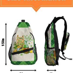 Sling Backpack, St.Patrick's Day Shamrocks Gnome Buffalo Plaid Green Waterproof Lightweight Small Sling Bag, Travel Chest Bag Crossbody Shoulder Bag Hiking Daypack for Women Men