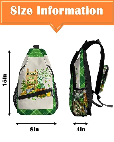 Sling Backpack, St.Patrick's Day Shamrocks Gnome Buffalo Plaid Green Waterproof Lightweight Small Sling Bag, Travel Chest Bag Crossbody Shoulder Bag Hiking Daypack for Women Men