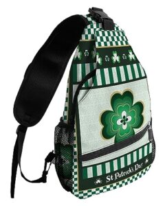 sling backpack, st. patrick's day lucky shamrock green white checkered pattern waterproof lightweight small sling bag, travel chest bag crossbody shoulder bag hiking daypack for women men