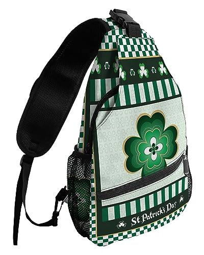 Sling Backpack, St. Patrick's Day Lucky Shamrock Green White Checkered Pattern Waterproof Lightweight Small Sling Bag, Travel Chest Bag Crossbody Shoulder Bag Hiking Daypack for Women Men