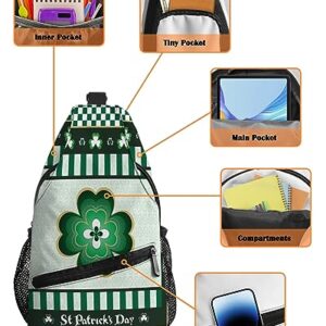 Sling Backpack, St. Patrick's Day Lucky Shamrock Green White Checkered Pattern Waterproof Lightweight Small Sling Bag, Travel Chest Bag Crossbody Shoulder Bag Hiking Daypack for Women Men