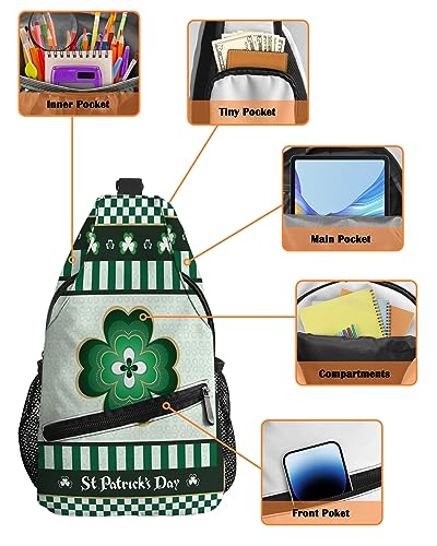 Sling Backpack, St. Patrick's Day Lucky Shamrock Green White Checkered Pattern Waterproof Lightweight Small Sling Bag, Travel Chest Bag Crossbody Shoulder Bag Hiking Daypack for Women Men