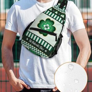 Sling Backpack, St. Patrick's Day Lucky Shamrock Green White Checkered Pattern Waterproof Lightweight Small Sling Bag, Travel Chest Bag Crossbody Shoulder Bag Hiking Daypack for Women Men