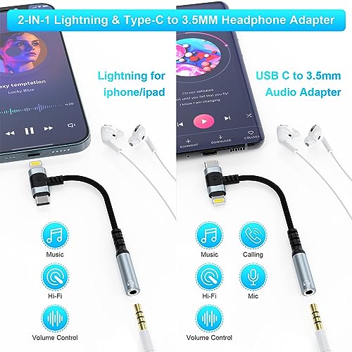 Lightning & USB-C to 3.5 mm Headphone Jack Adapter 2-IN-1 Headphone Adapter for iPhone Type C to 3.5mm Female Headphone Jack Adapter for ipad/iPhone15/14/13/12/11/8/7/Samsung/Pixel-MFI Certified