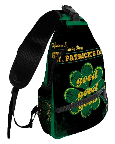 Sling Backpack, Saint Patrick's Day Shamrocks and Love Hearts Vintage Green Background Waterproof Lightweight Small Sling Bag, Travel Chest Bag Crossbody Shoulder Bag Hiking Daypack for Women Men