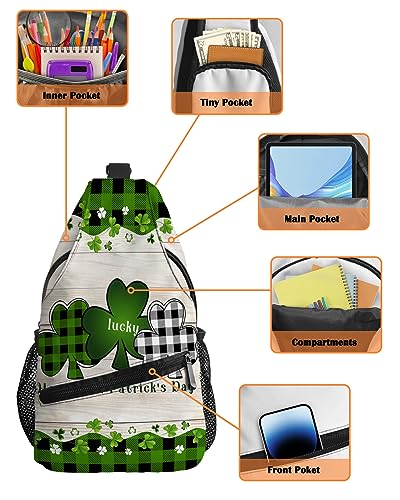 Sling Backpack, St. Patrick's Day Lucky Green Black Buffalo Plaid Shamrock Waterproof Lightweight Small Sling Bag, Travel Chest Bag Crossbody Shoulder Bag Hiking Daypack for Women Men