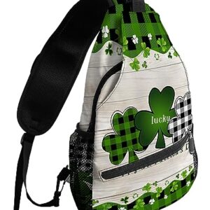 Sling Backpack, St. Patrick's Day Lucky Green Black Buffalo Plaid Shamrock Waterproof Lightweight Small Sling Bag, Travel Chest Bag Crossbody Shoulder Bag Hiking Daypack for Women Men