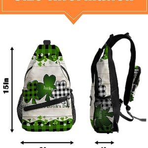 Sling Backpack, St. Patrick's Day Lucky Green Black Buffalo Plaid Shamrock Waterproof Lightweight Small Sling Bag, Travel Chest Bag Crossbody Shoulder Bag Hiking Daypack for Women Men