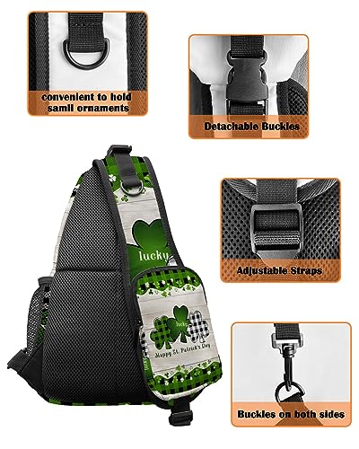 Sling Backpack, St. Patrick's Day Lucky Green Black Buffalo Plaid Shamrock Waterproof Lightweight Small Sling Bag, Travel Chest Bag Crossbody Shoulder Bag Hiking Daypack for Women Men