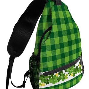 Sling Backpack, St. Patrick's Day Lucky Clover Green Buffalo Plaid Waterproof Lightweight Small Sling Bag, Travel Chest Bag Crossbody Shoulder Bag Hiking Daypack for Women Men