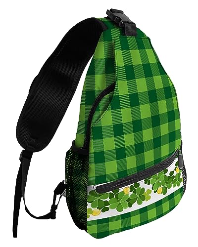 Sling Backpack, St. Patrick's Day Lucky Clover Green Buffalo Plaid Waterproof Lightweight Small Sling Bag, Travel Chest Bag Crossbody Shoulder Bag Hiking Daypack for Women Men