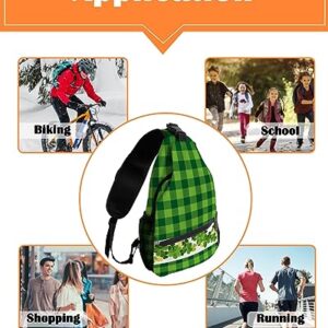 Sling Backpack, St. Patrick's Day Lucky Clover Green Buffalo Plaid Waterproof Lightweight Small Sling Bag, Travel Chest Bag Crossbody Shoulder Bag Hiking Daypack for Women Men