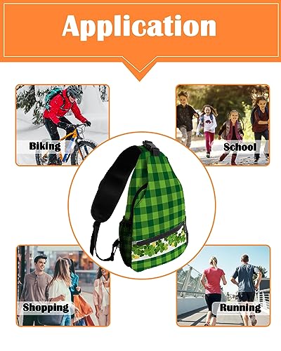 Sling Backpack, St. Patrick's Day Lucky Clover Green Buffalo Plaid Waterproof Lightweight Small Sling Bag, Travel Chest Bag Crossbody Shoulder Bag Hiking Daypack for Women Men