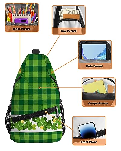 Sling Backpack, St. Patrick's Day Lucky Clover Green Buffalo Plaid Waterproof Lightweight Small Sling Bag, Travel Chest Bag Crossbody Shoulder Bag Hiking Daypack for Women Men