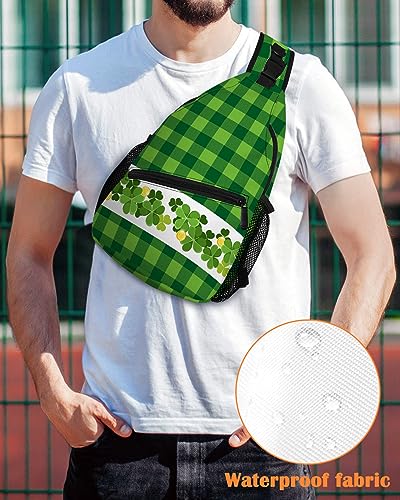 Sling Backpack, St. Patrick's Day Lucky Clover Green Buffalo Plaid Waterproof Lightweight Small Sling Bag, Travel Chest Bag Crossbody Shoulder Bag Hiking Daypack for Women Men