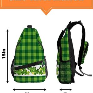 Sling Backpack, St. Patrick's Day Lucky Clover Green Buffalo Plaid Waterproof Lightweight Small Sling Bag, Travel Chest Bag Crossbody Shoulder Bag Hiking Daypack for Women Men