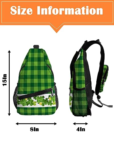 Sling Backpack, St. Patrick's Day Lucky Clover Green Buffalo Plaid Waterproof Lightweight Small Sling Bag, Travel Chest Bag Crossbody Shoulder Bag Hiking Daypack for Women Men