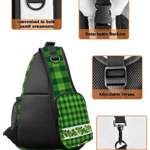 Sling Backpack, St. Patrick's Day Lucky Clover Green Buffalo Plaid Waterproof Lightweight Small Sling Bag, Travel Chest Bag Crossbody Shoulder Bag Hiking Daypack for Women Men