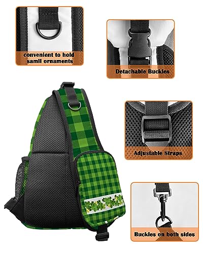 Sling Backpack, St. Patrick's Day Lucky Clover Green Buffalo Plaid Waterproof Lightweight Small Sling Bag, Travel Chest Bag Crossbody Shoulder Bag Hiking Daypack for Women Men