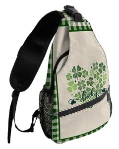 sling backpack, st. patrick's day lucky shamrocks clover love heart green buffalo plaid waterproof lightweight small sling bag, travel chest bag crossbody shoulder bag hiking daypack for women men