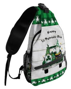 sling backpack, st. patrick's day truck pull gnomes on rustic wood grain waterproof lightweight small sling bag, travel chest bag crossbody shoulder bag hiking daypack for women men