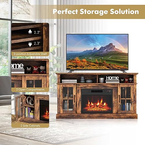 COSTWAY Electric Fireplace TV Stand for TVs Up to 65 Inches, 1400W Heater Insert with Remote Control, 6H Timer, 3-Level Flame, Overheat Protection and CSA Certification, Adjustable Shelves, Brown