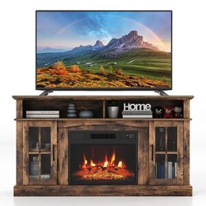 costway electric fireplace tv stand for tvs up to 65 inches, 1400w heater insert with remote control, 6h timer, 3-level flame, overheat protection and csa certification, adjustable shelves, brown