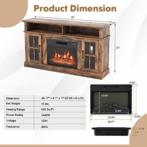 COSTWAY Electric Fireplace TV Stand for TVs Up to 65 Inches, 1400W Heater Insert with Remote Control, 6H Timer, 3-Level Flame, Overheat Protection and CSA Certification, Adjustable Shelves, Brown