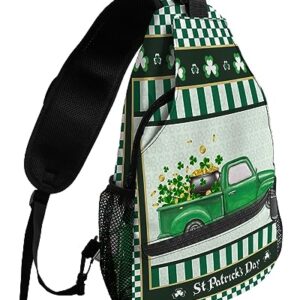 Gsypo Sling Backpack, St. Patrick's Day Truck Pull Shamrock Checkered Pattern Waterproof Lightweight Small Sling Bag, Travel Chest Bag Crossbody Shoulder Bag Hiking Daypack for Women Men