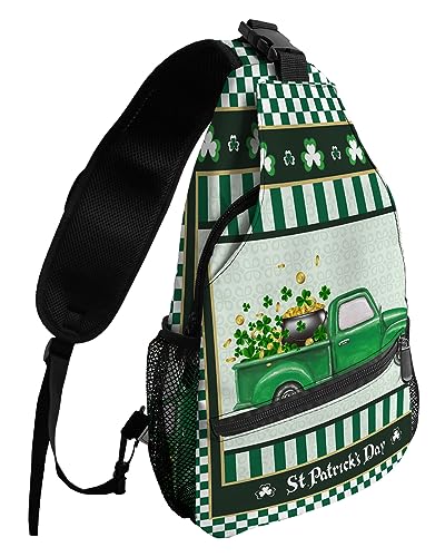 Gsypo Sling Backpack, St. Patrick's Day Truck Pull Shamrock Checkered Pattern Waterproof Lightweight Small Sling Bag, Travel Chest Bag Crossbody Shoulder Bag Hiking Daypack for Women Men