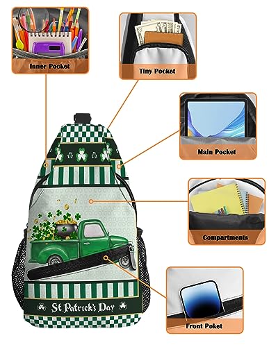 Gsypo Sling Backpack, St. Patrick's Day Truck Pull Shamrock Checkered Pattern Waterproof Lightweight Small Sling Bag, Travel Chest Bag Crossbody Shoulder Bag Hiking Daypack for Women Men